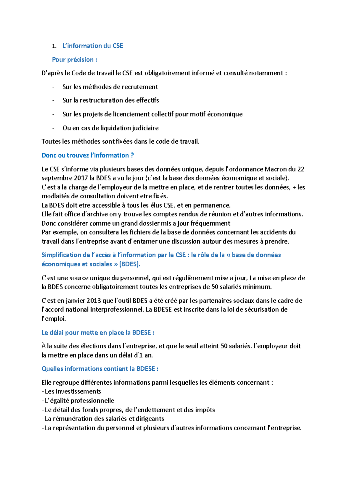 Information du CSE - L’information du CSE Pour précision : D’après le Code de travail le CSE est ...
