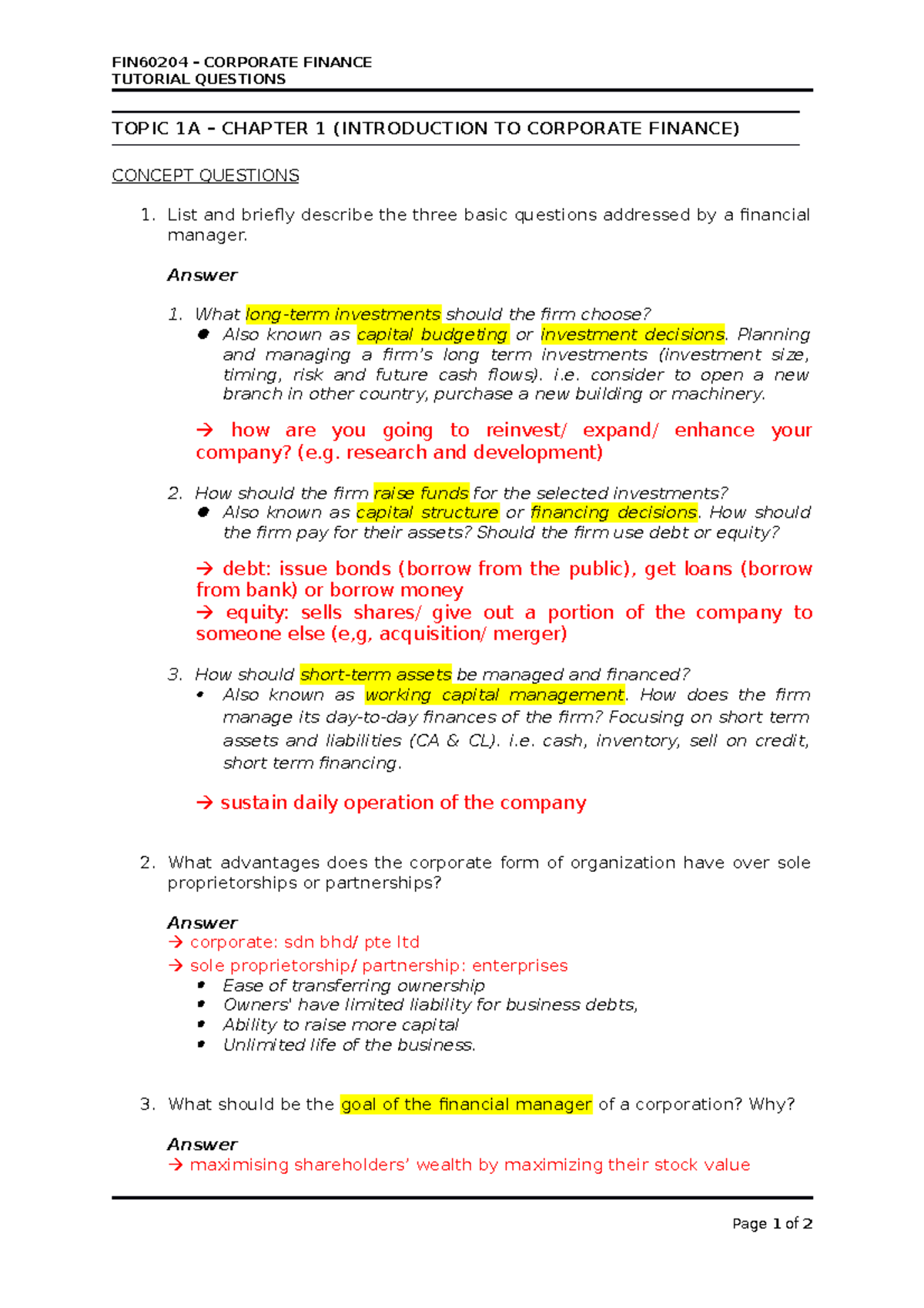 Tutorial 1A - Solutions (Corporate Finance) - FIN60204 – CORPORATE ...