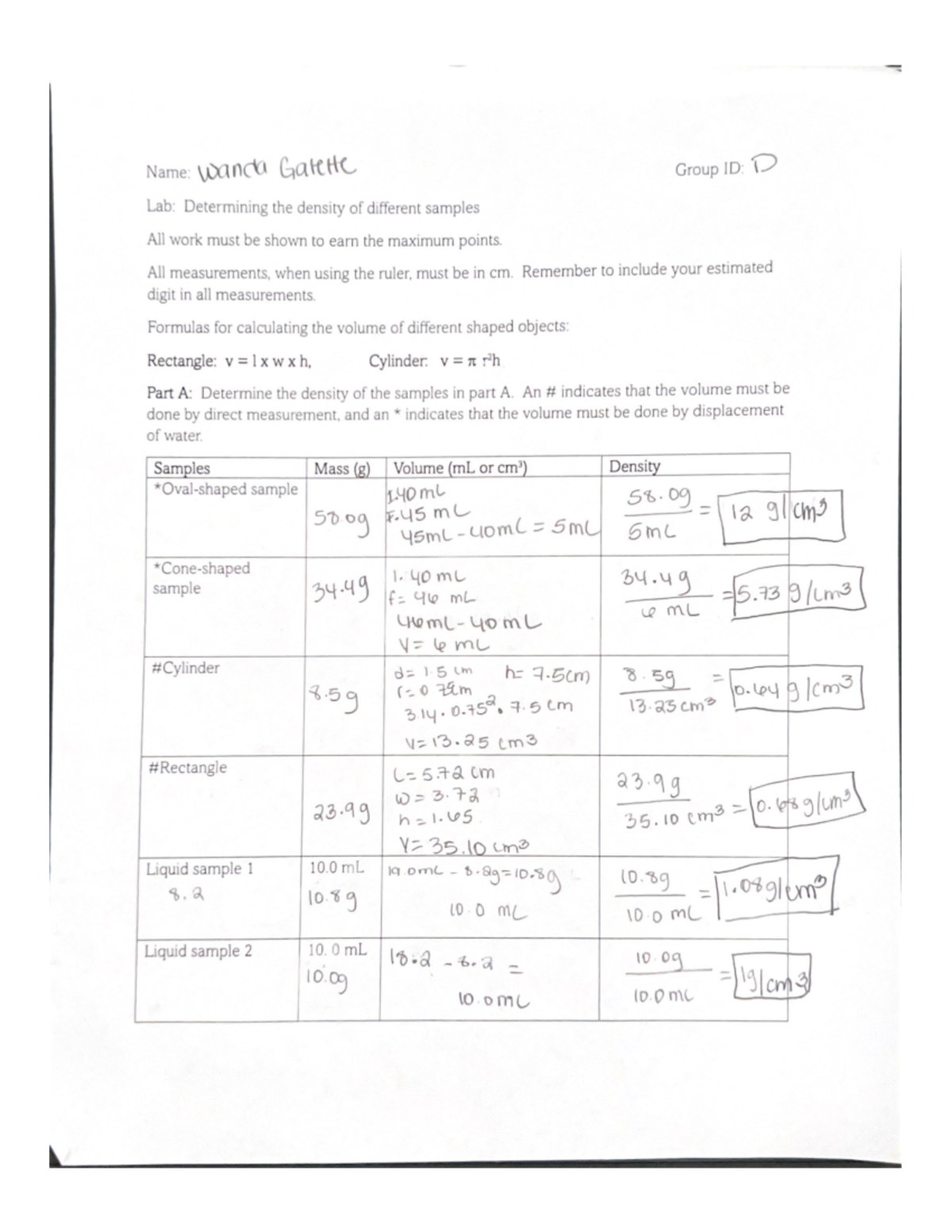 Lab Determining the density of different samples - All measurements ...