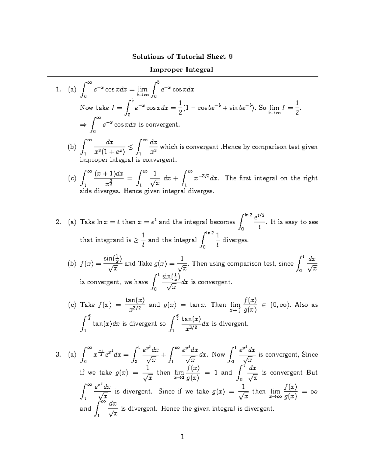Solution Tutorial Sheet 9 - Solutions of Tutorial Sheet 9 Improper Integral (a) ∫∞ 0 e−xcosxdx ...