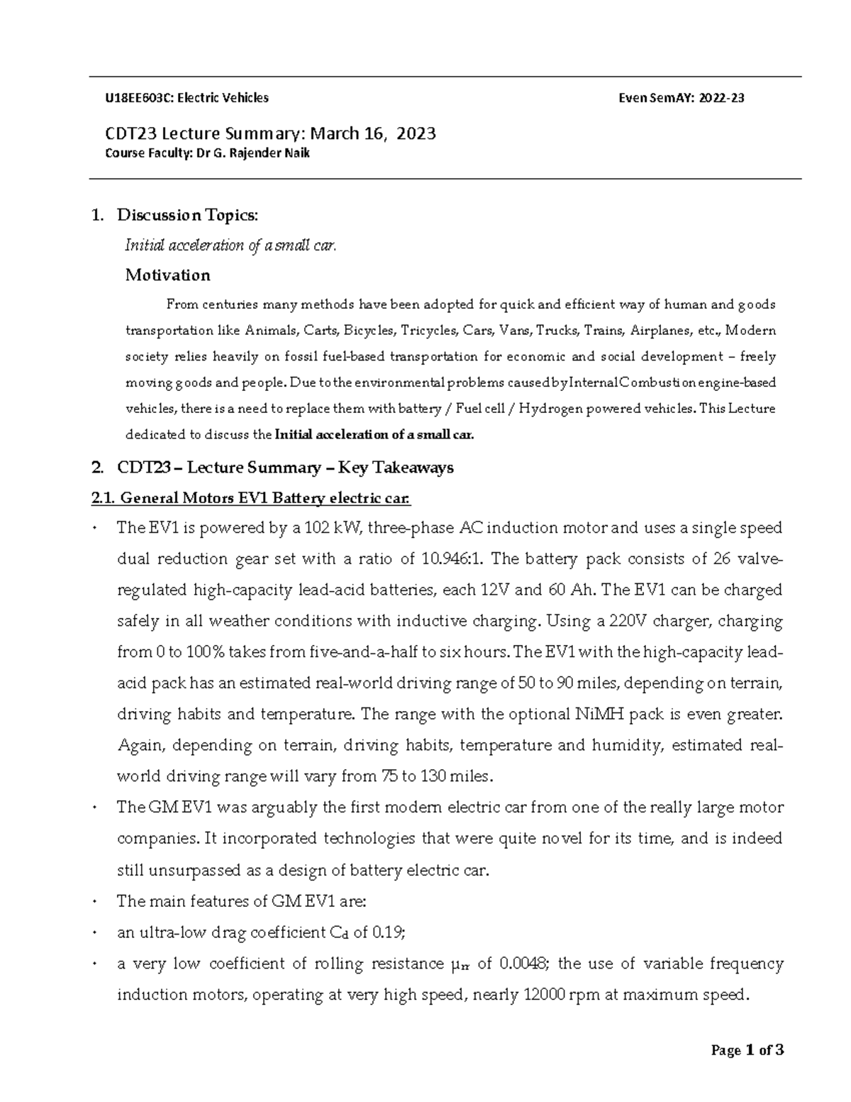 EV CDT23 - Notes in electrical vehicles - Page 1 of 3 U18EE603C ...