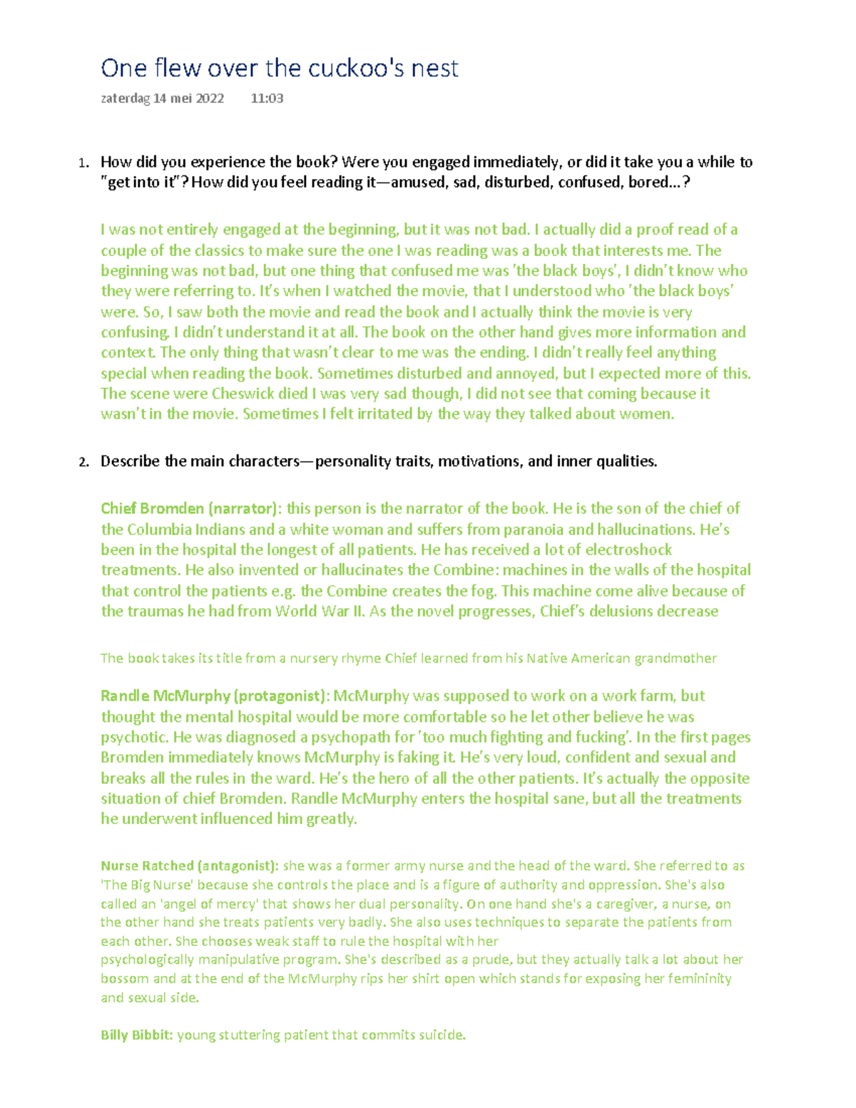 One flew over the cuckoo's nest analysis - How did you experience the ...