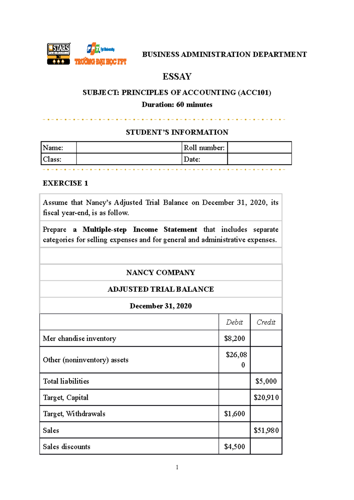 Essay - dgdggrgfgf - BUSINESS ADMINISTRATION DEPARTMENT ESSAY SUBJECT ...