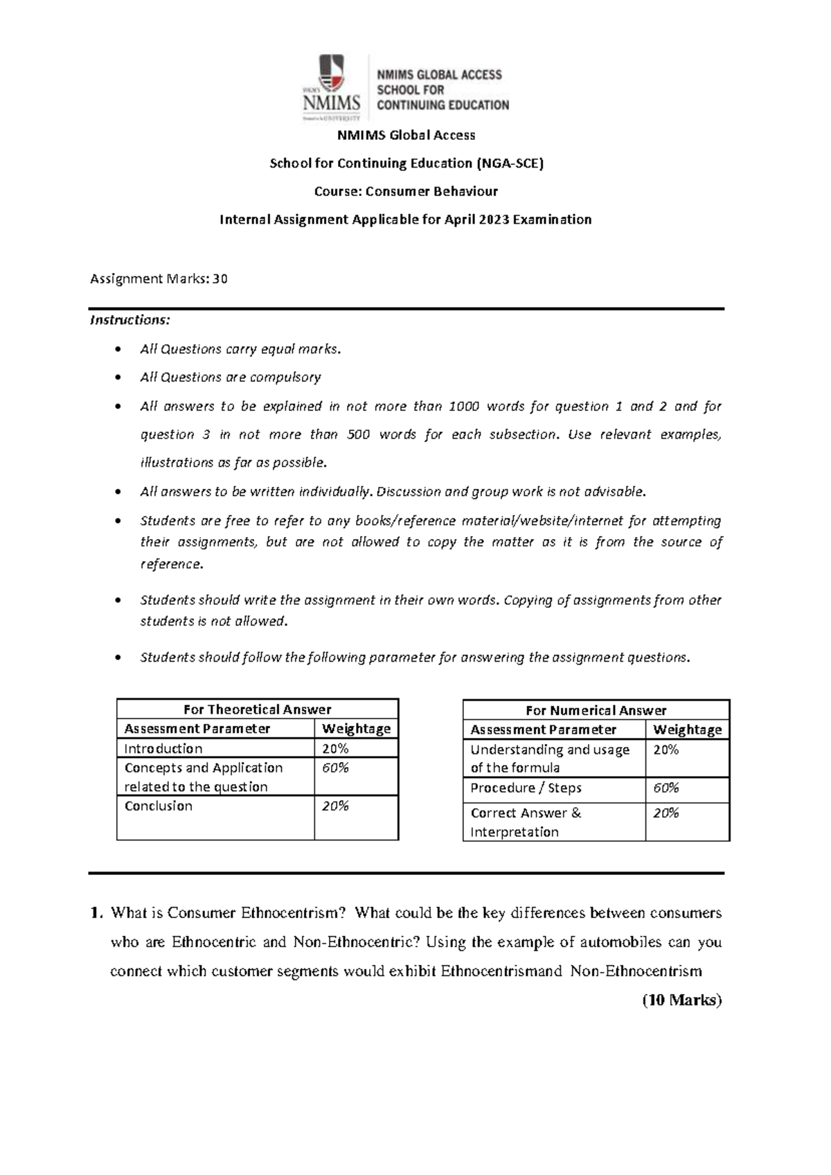 Consumer Behaviour - Assignment April 2023 Y5Jd I9e Qv3 - NMIMS Global Access School for ...