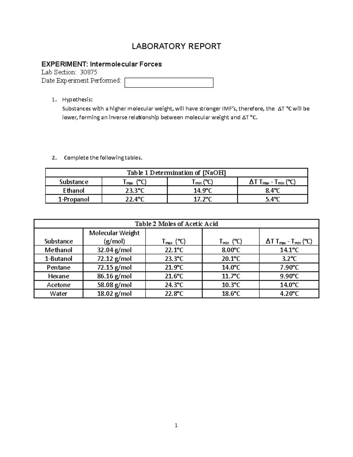Exp 1 IMFs numbers only - lab report 1 - LABORATORY REPORT EXPERIMENT ...
