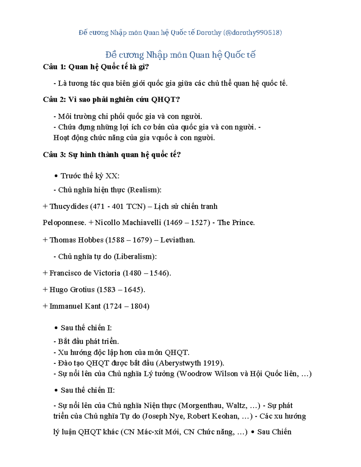 De cuong Nhap mon Quan he quoc te USSH - Đ ề c ương Nh p môn Quan h ậ ệ Qu ốc t ếDorothy - Studocu