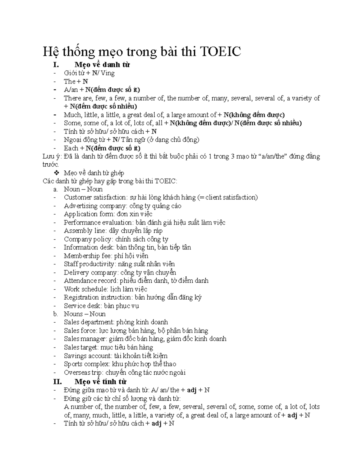 Hệ thống MẸO trong bài thi Toeic - Hệ thống mẹo trong bài thi TOEIC I. Mẹo về danh từ Giới từ ...