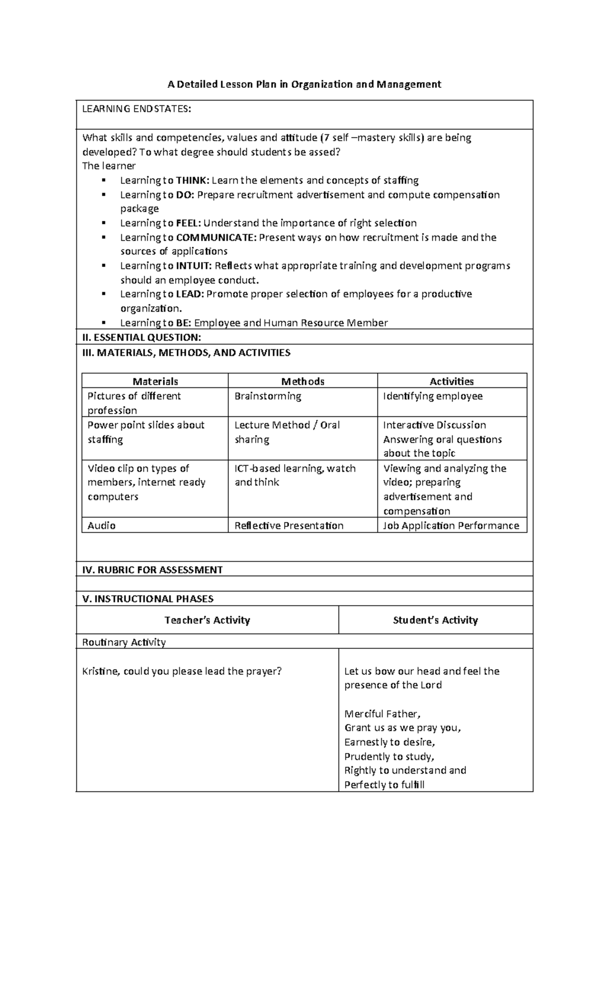 Detailed lesson plan organization and management - A Detailed Lesson ...