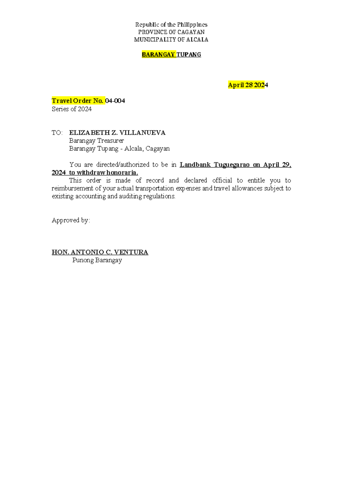 Travel Order - Barangay - Republic of the Philippines PROVINCE OF ...