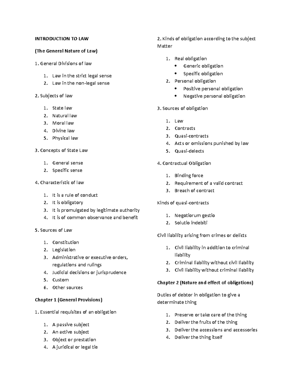 Obli Con enumeration - notes - INTRODUCTION TO LAW (The General Nature ...