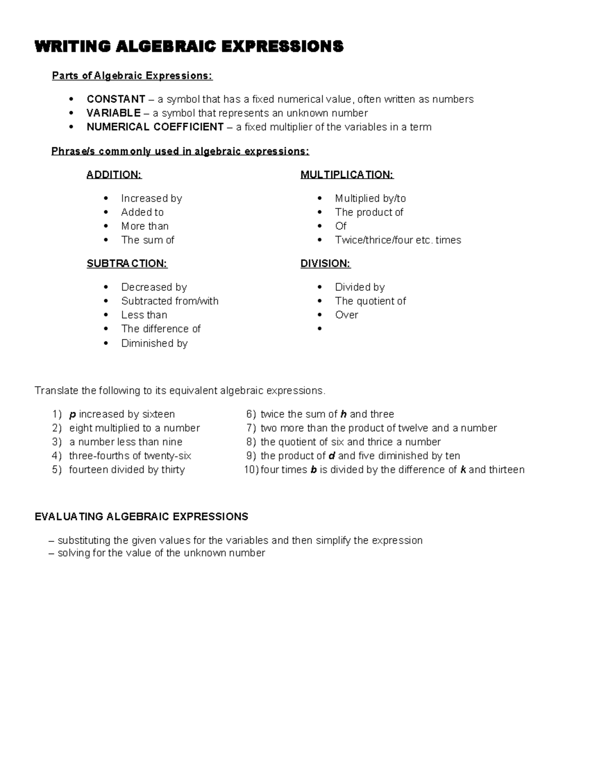 1st yr Writing Algebraic Expressions - WRITING ALGEBRAIC EXPRESSIONS ...