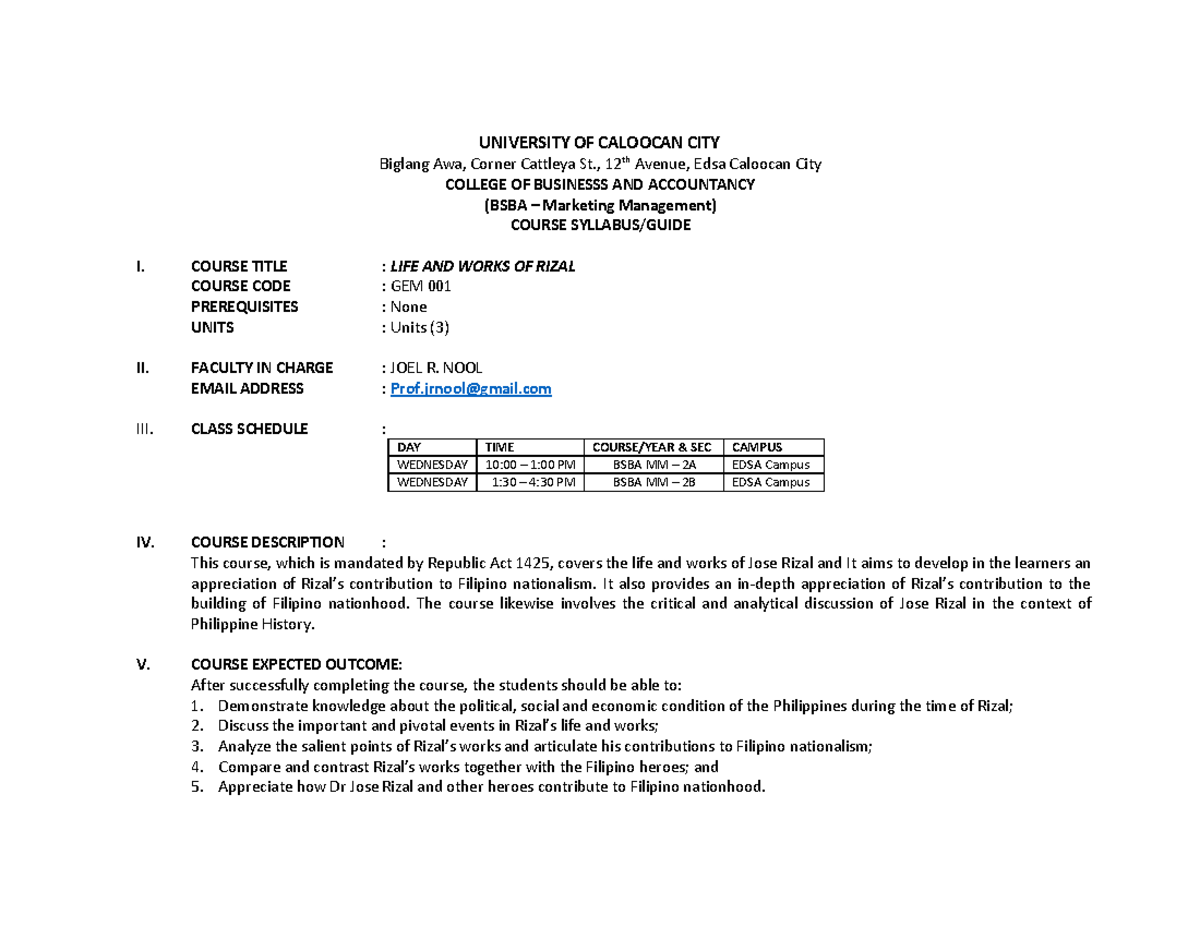 Revised Syllabus BSBA MM Rizals L W Course Guide GEM 001 Copy ...