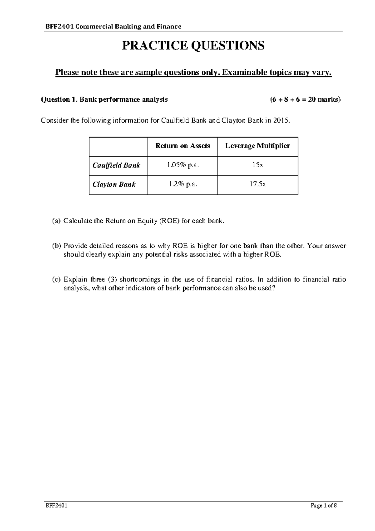 Sample/practice exam 2017, questions - PRACTICE QUESTIONS Please note these are sample questions ...