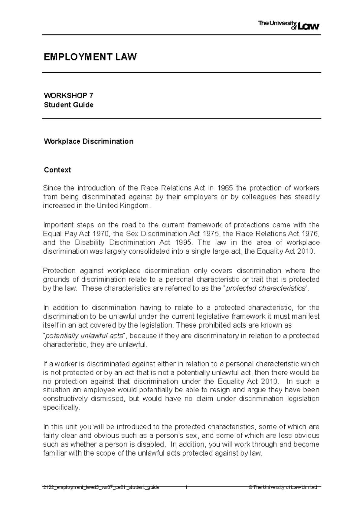WS 7 - Employment Law Student Guide - EMPLOYMENT LAW WORKSHOP 7 Student ...