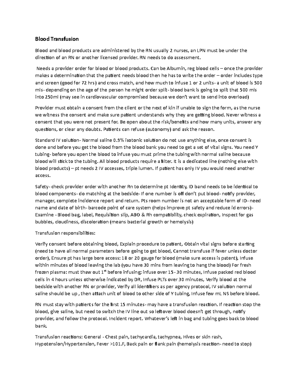 Blood Transfusion lecture notes for study - NUR 205 - Studocu