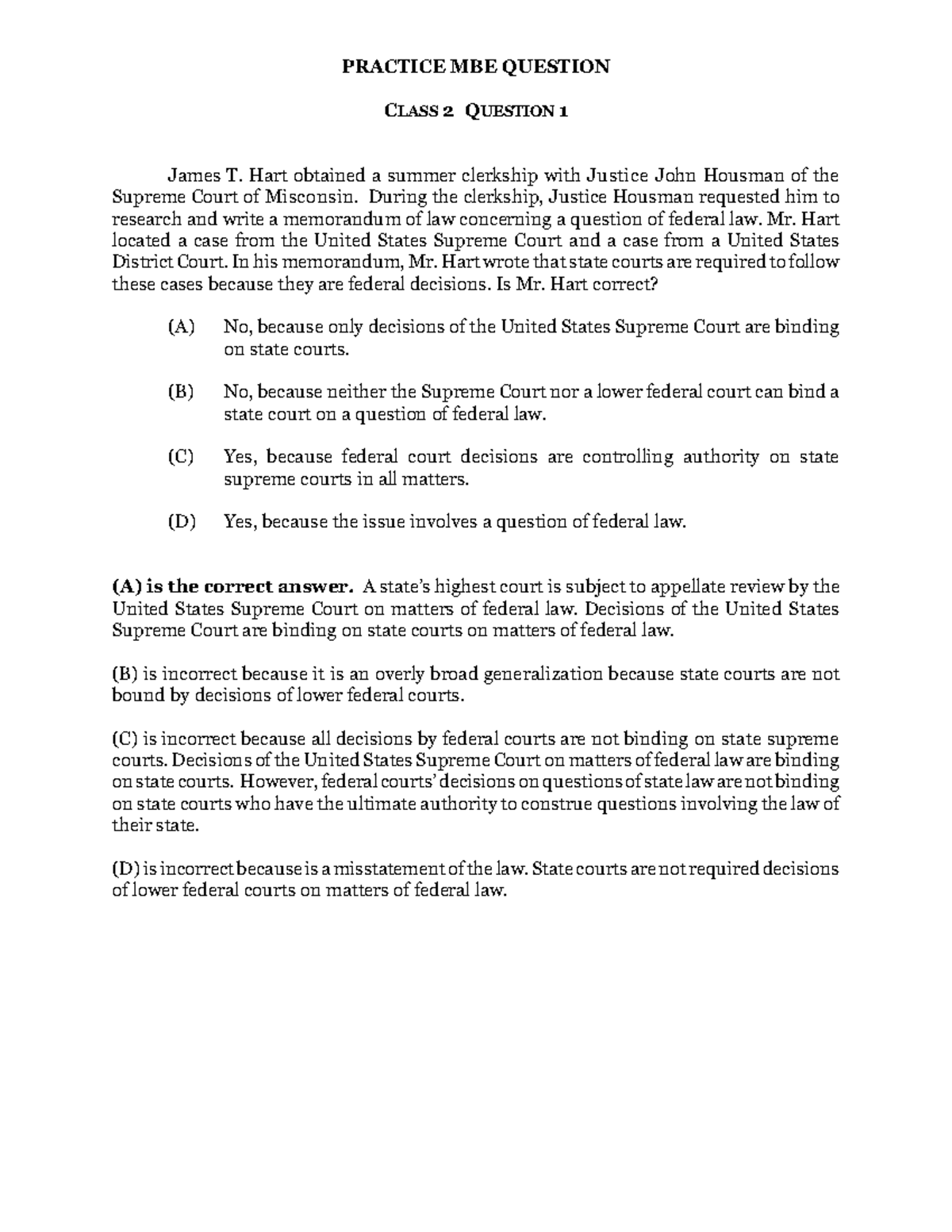 Class 02 Question 1A - PRACTICE MBE QUESTION CLASS 2 QUESTION 1 James T ...