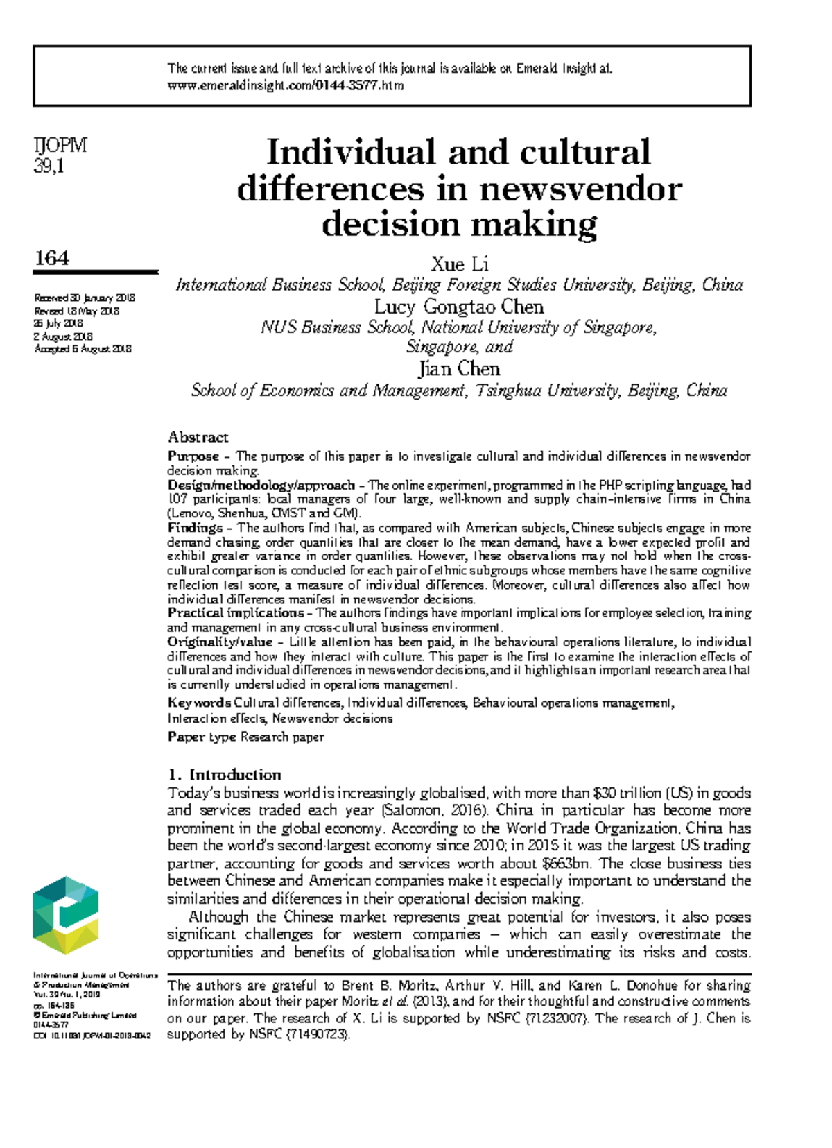 Individual and cultural differences in newsvendor decision making ...