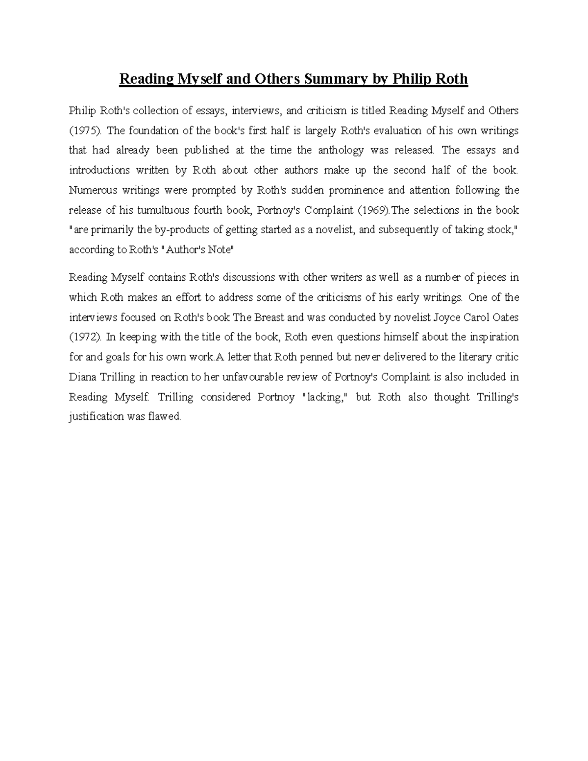 Reading Myself and Others Summary by Philip Roth - The foundation of ...
