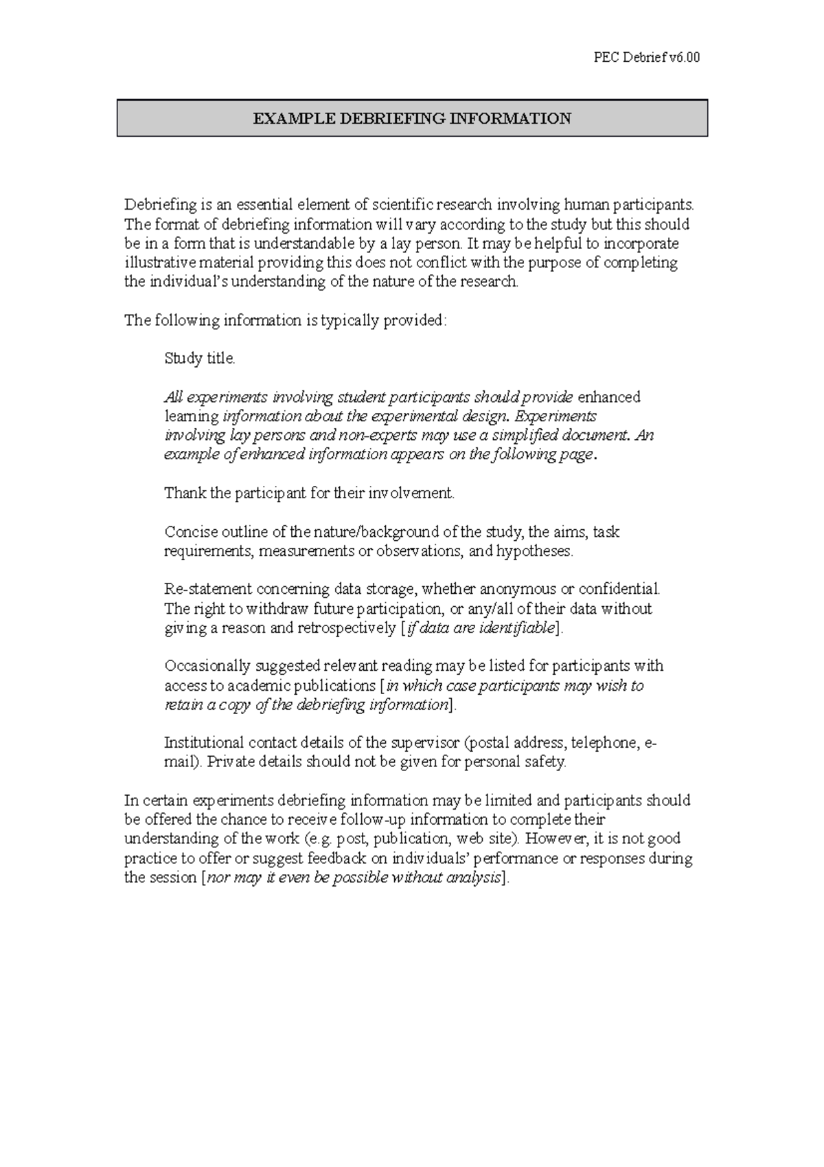 Debrief example - PEC Debrief v6. EXAMPLE DEBRIEFING INFORMATION ...