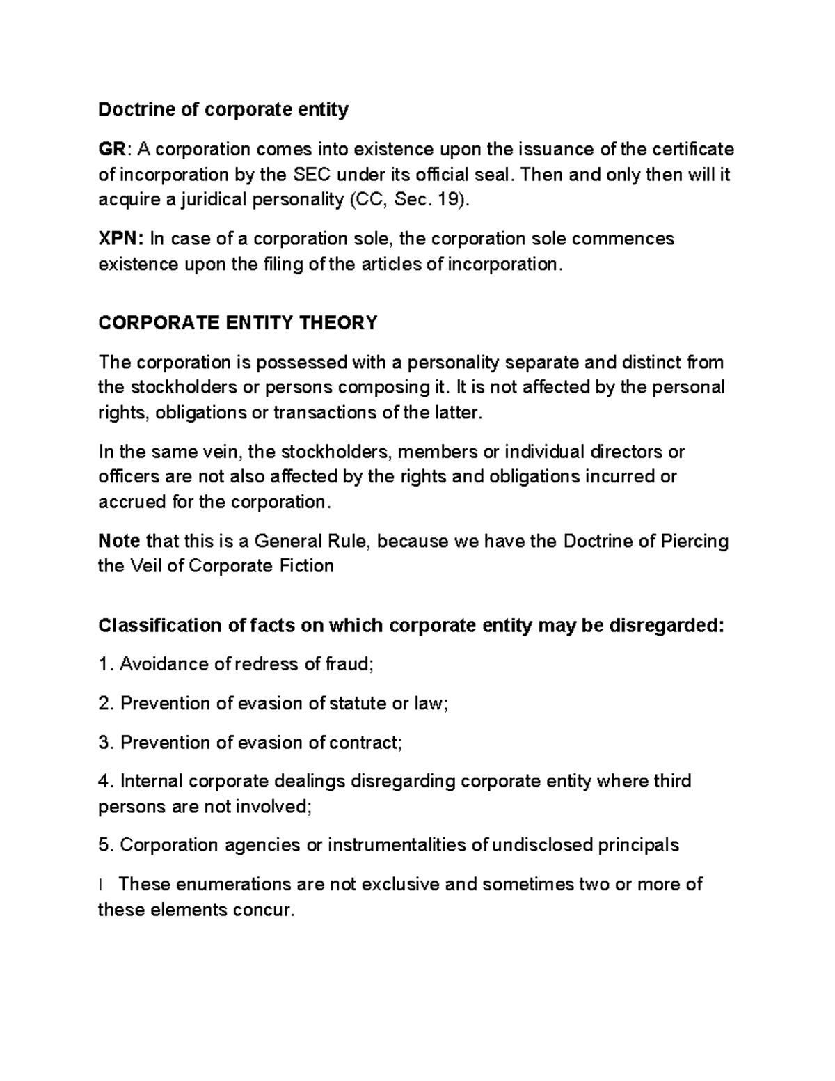 Doctrine of Corporate Entity - Doctrine of corporate entity GR: A ...