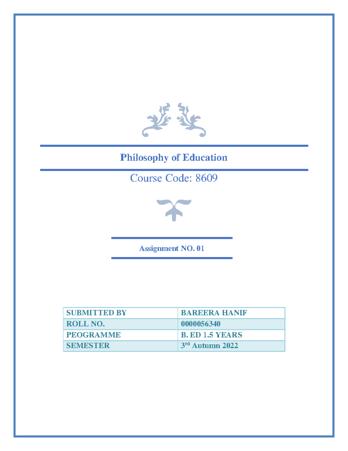 8609 final first Assignment - Philosophy of Education Course Code: 86 ...