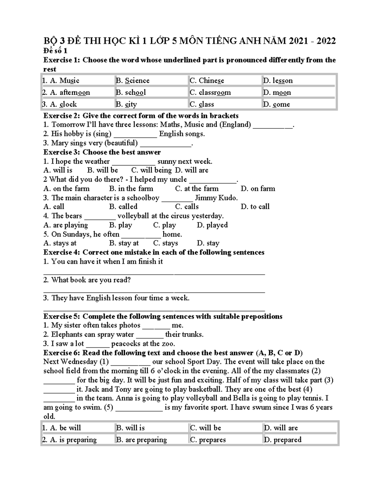 De thi hoc ki 1 mon Tieng Anh lop 5 nam 2021 - BỘ 3 ĐỀ THI HỌC KÌ 1 LỚP 5 MÔN TIẾNG ANH NĂM 2021 ...