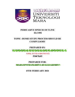 Persuasive Speech Outline Ariff IMAN BIN MOHD Kamarul AMIN - ELC 093 ...