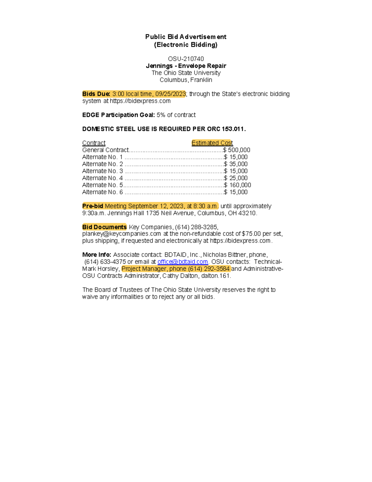 Bid Advertisement - Public Bid Advertisement (Electronic Bidding) OSU ...