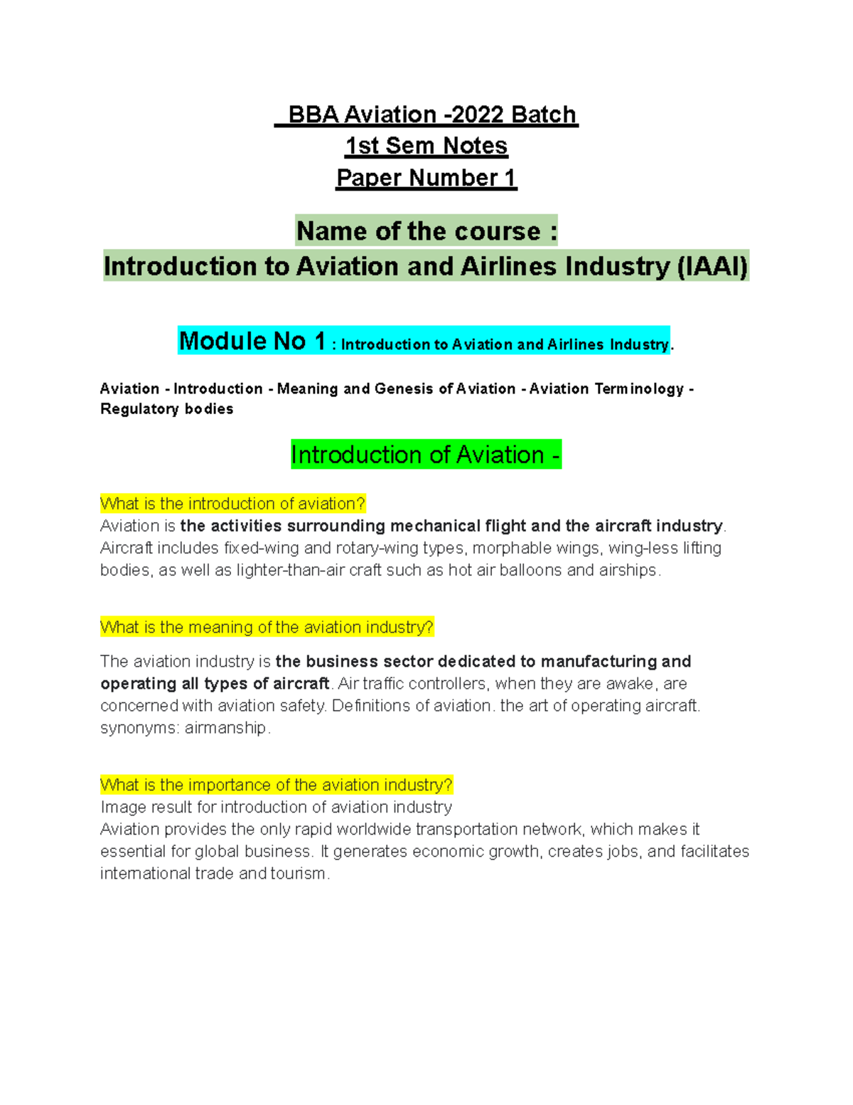 1st sem note for Collage Paper 1 - BBA Aviation -2022 Batch 1st Sem ...
