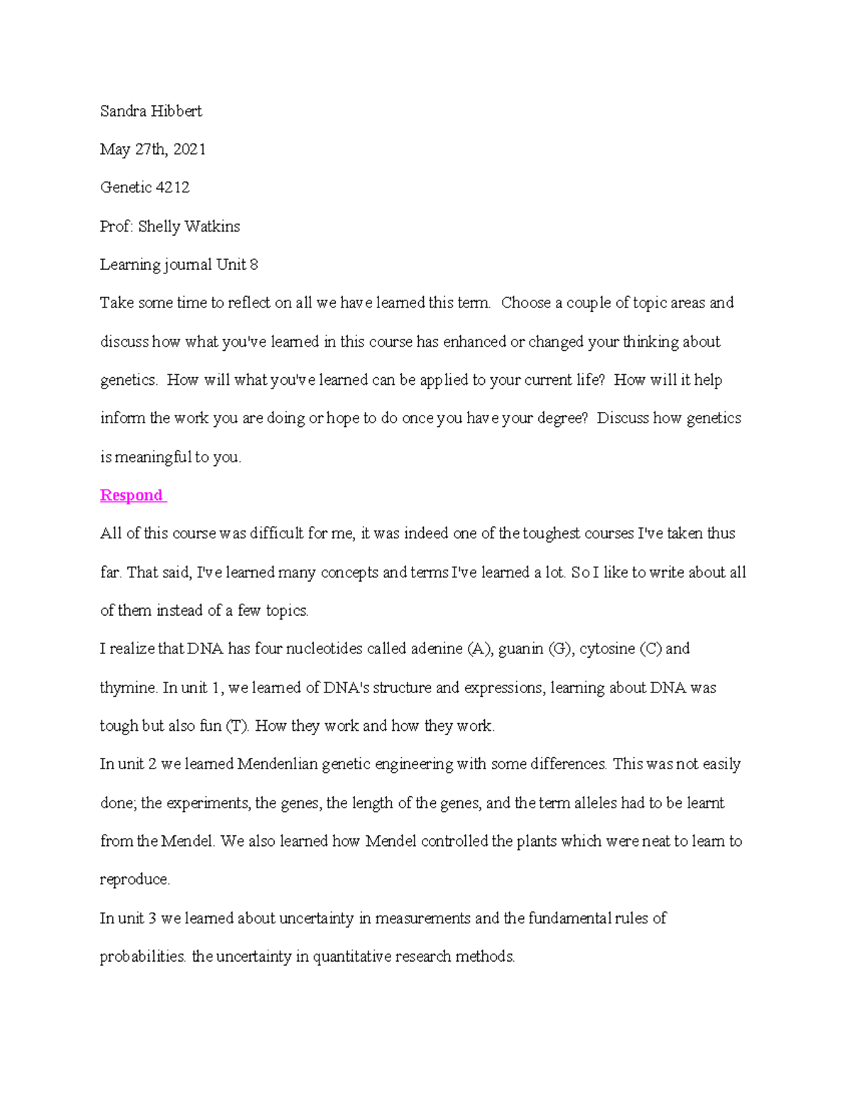 Genetic LJ unit 8 - Learning journal - Sandra Hibbert May 27th, 2021 ...