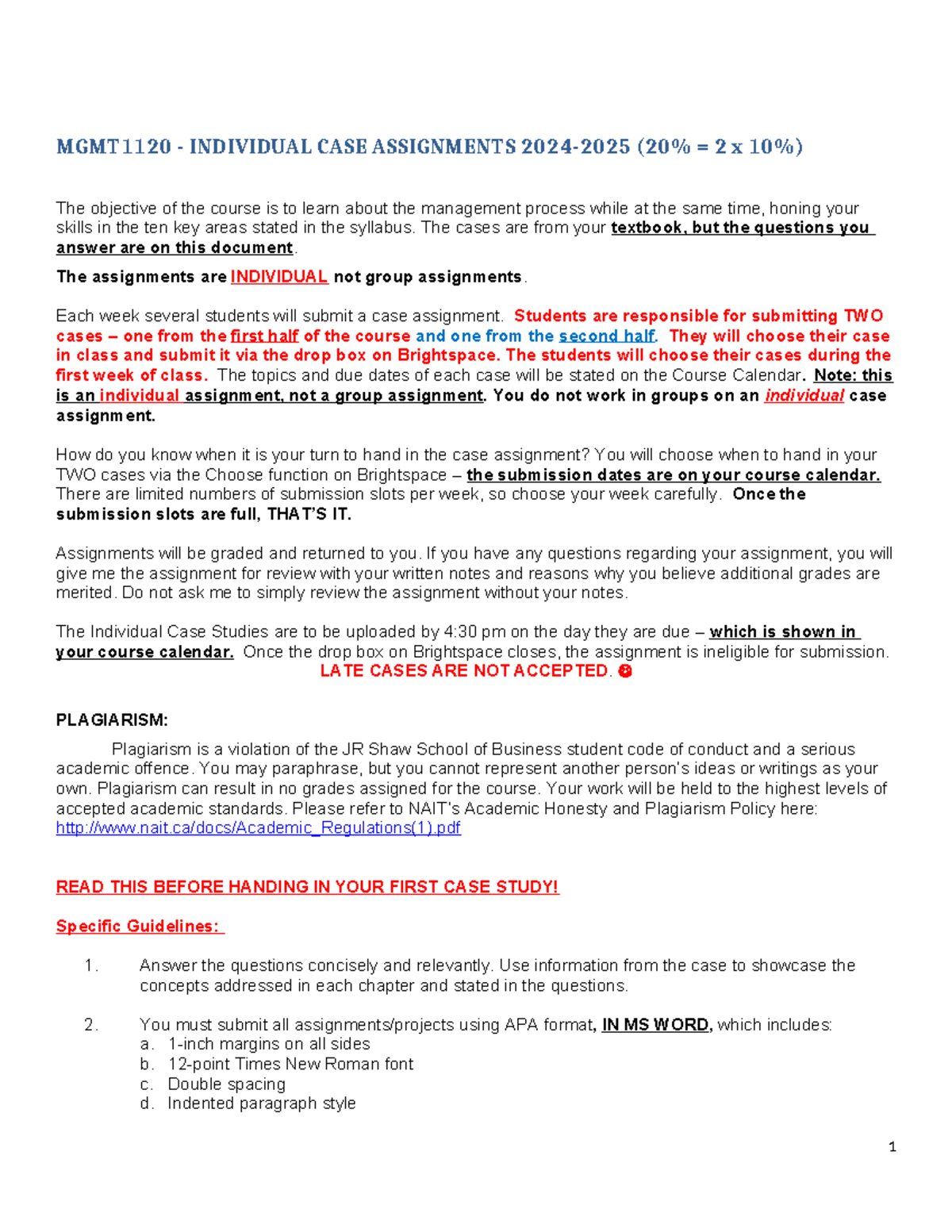 Individual Case Study Assignments 2024-2025 Updated - MGMT1120 ...