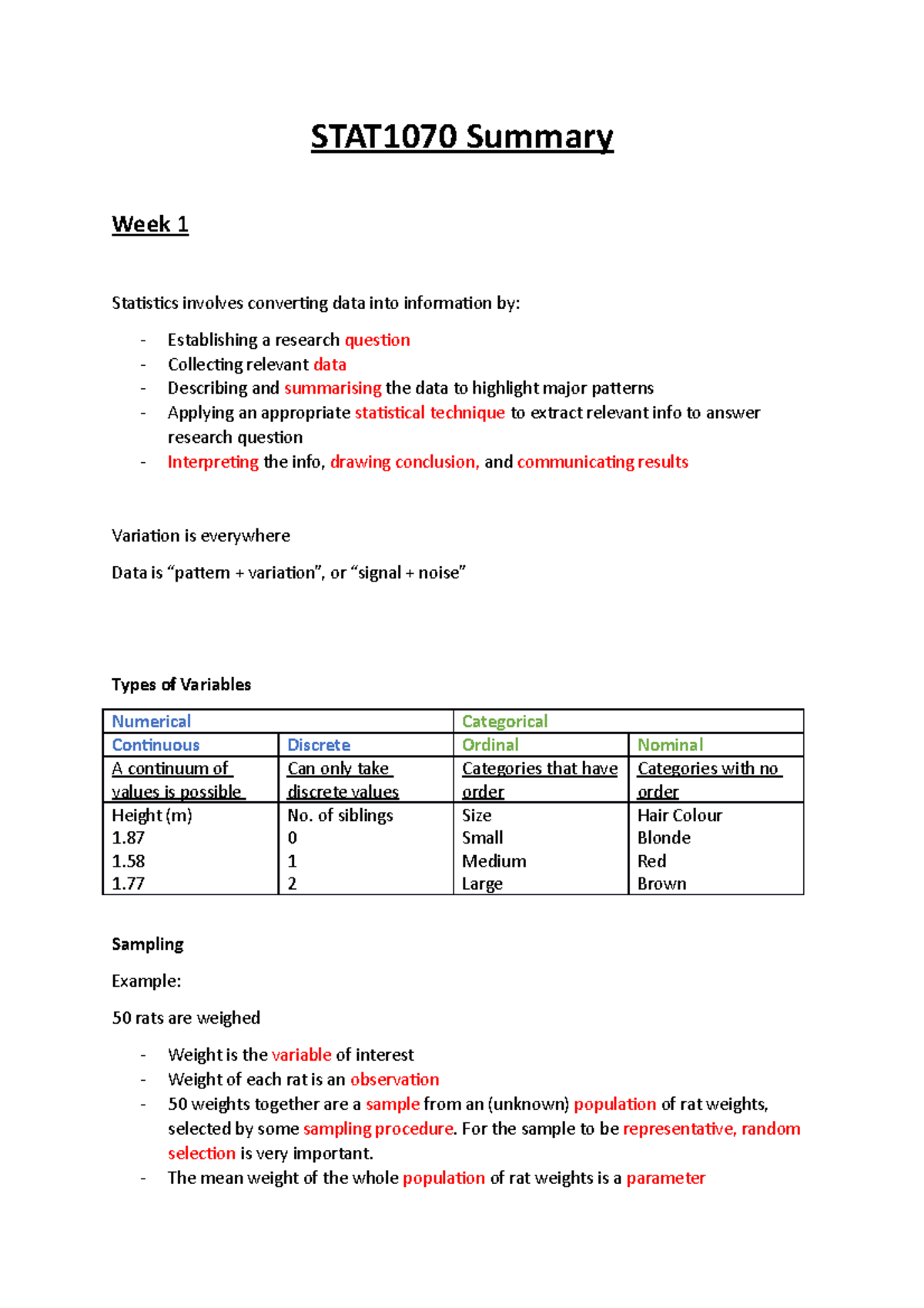 STAT1070 Summary - lecture 1-5 summaries - STAT1070 Summary Week 1 Statistics involves ...