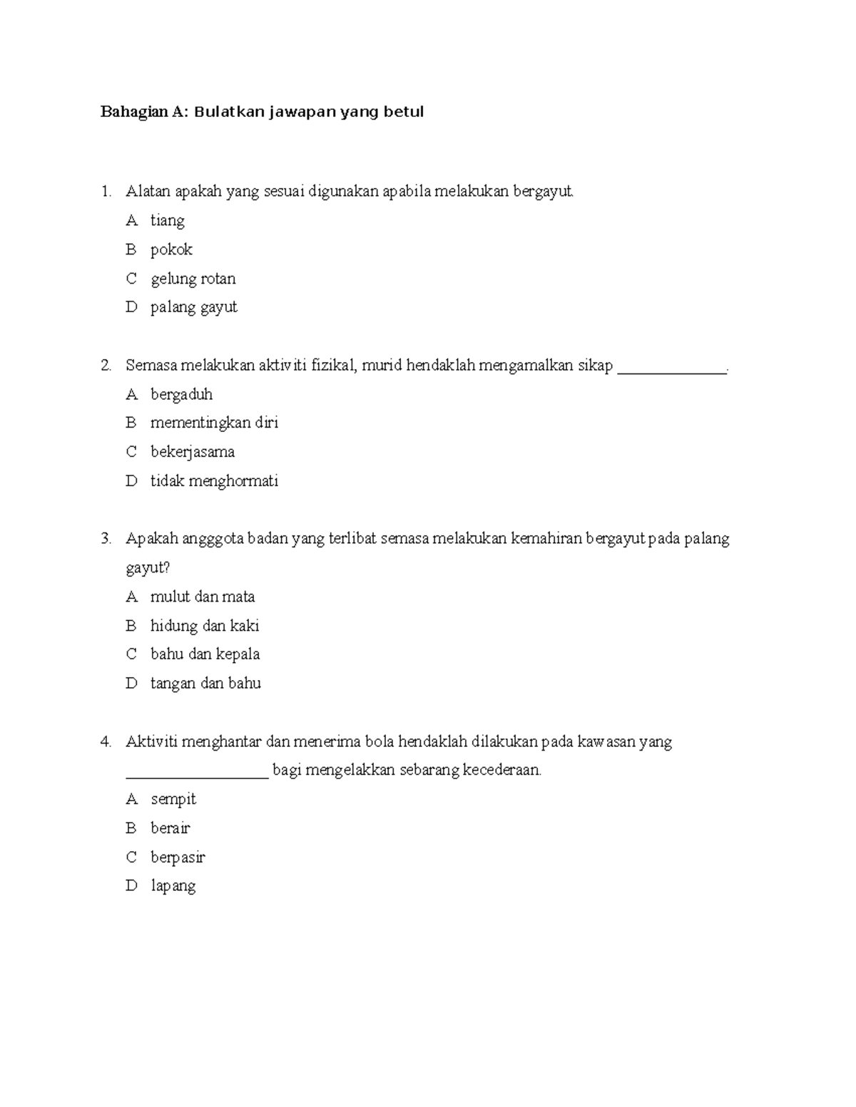 Soalan pjpk tahun 3 - pjpk - Bahagian A: Bulatkan jawapan yang betul ...