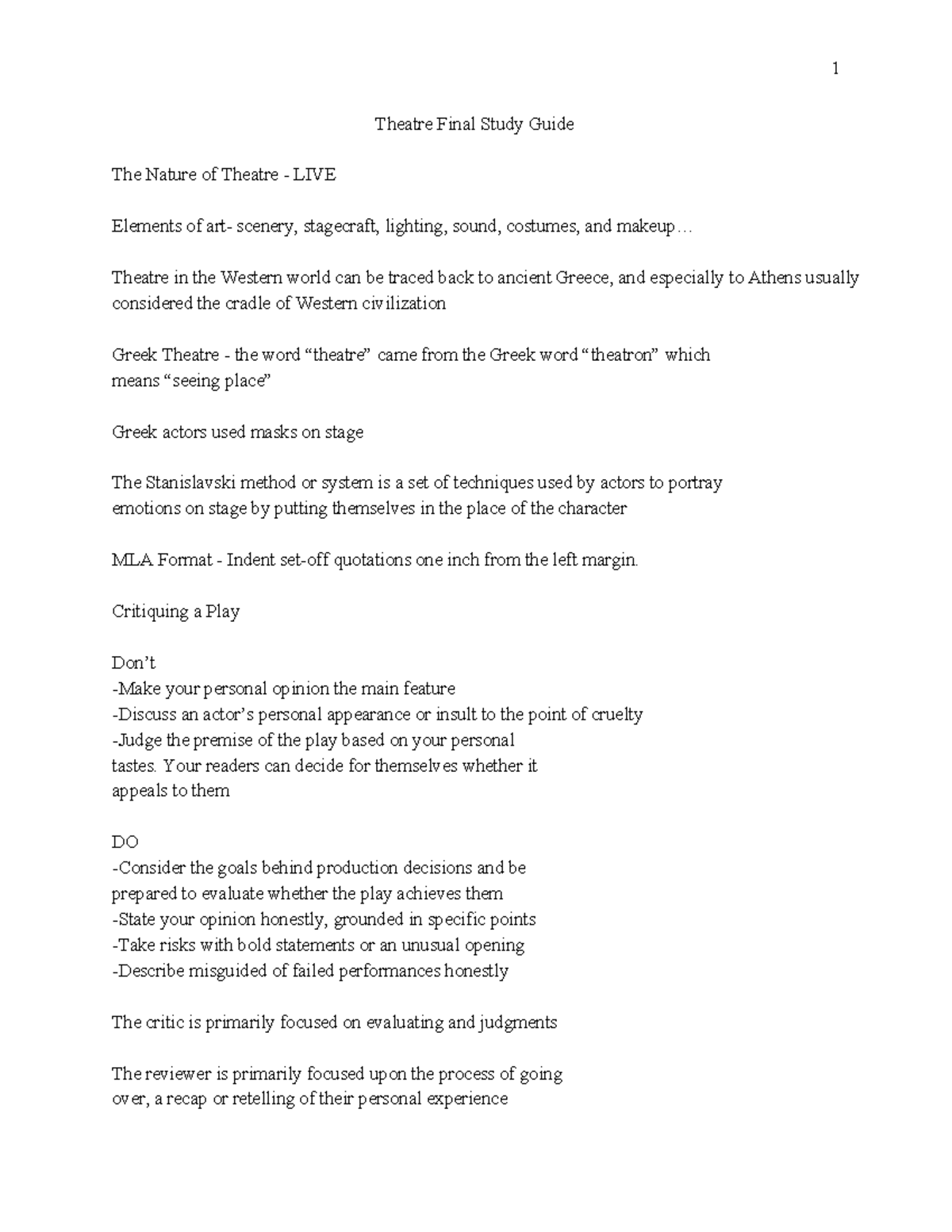 Theatre Final Study Guide - 1 Theatre Final Study Guide The Nature of ...