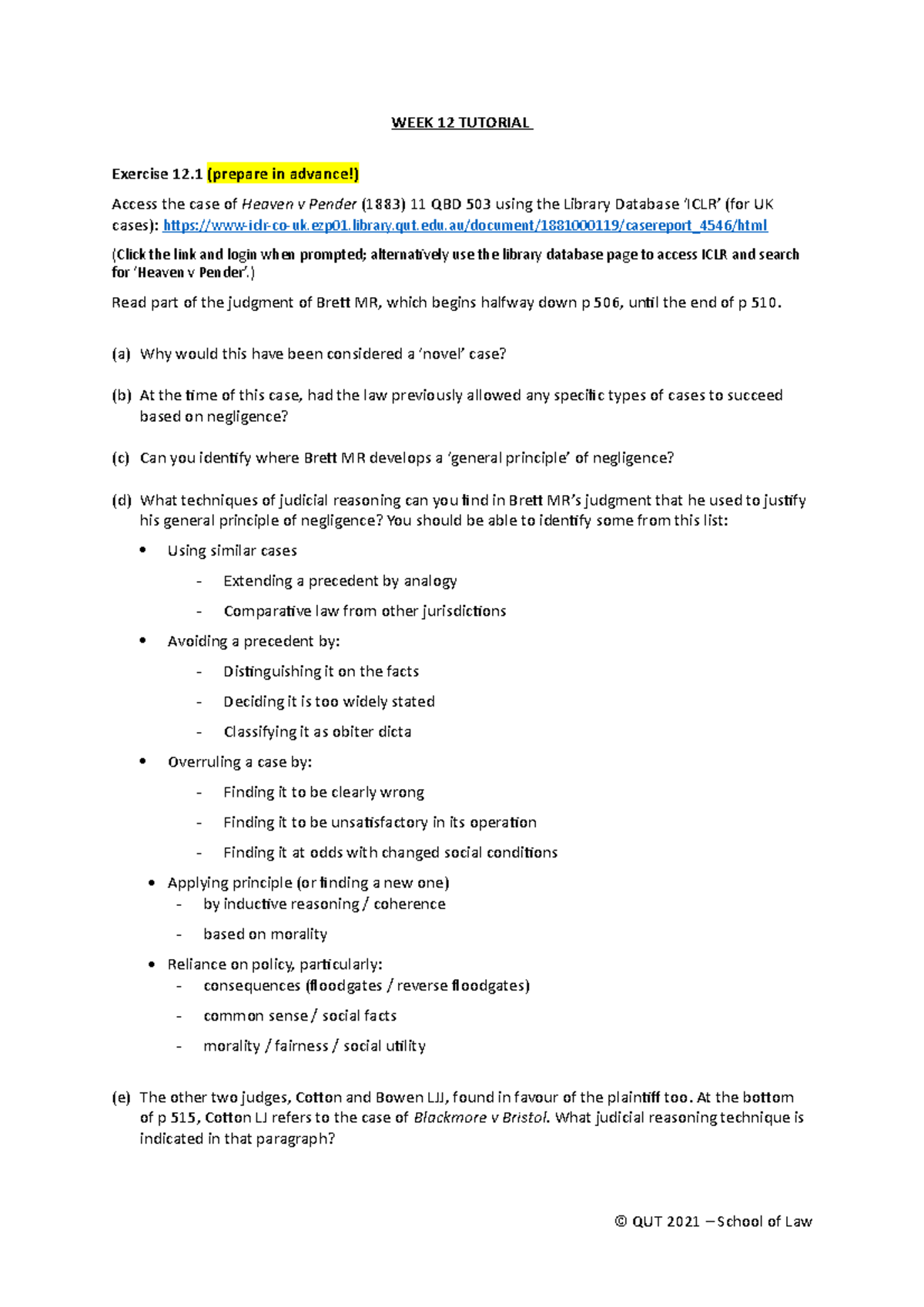WEEK 12 Tutorial- dispute resolution llb103 - WEEK 12 TUTORIAL Exercise ...
