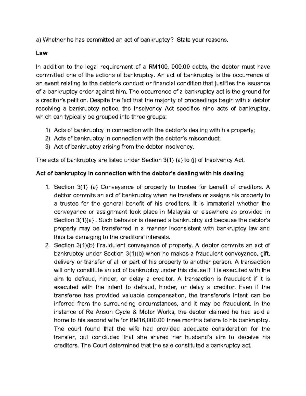 Act of Bankruptcy - a) Whether he has committed an act of bankruptcy ...