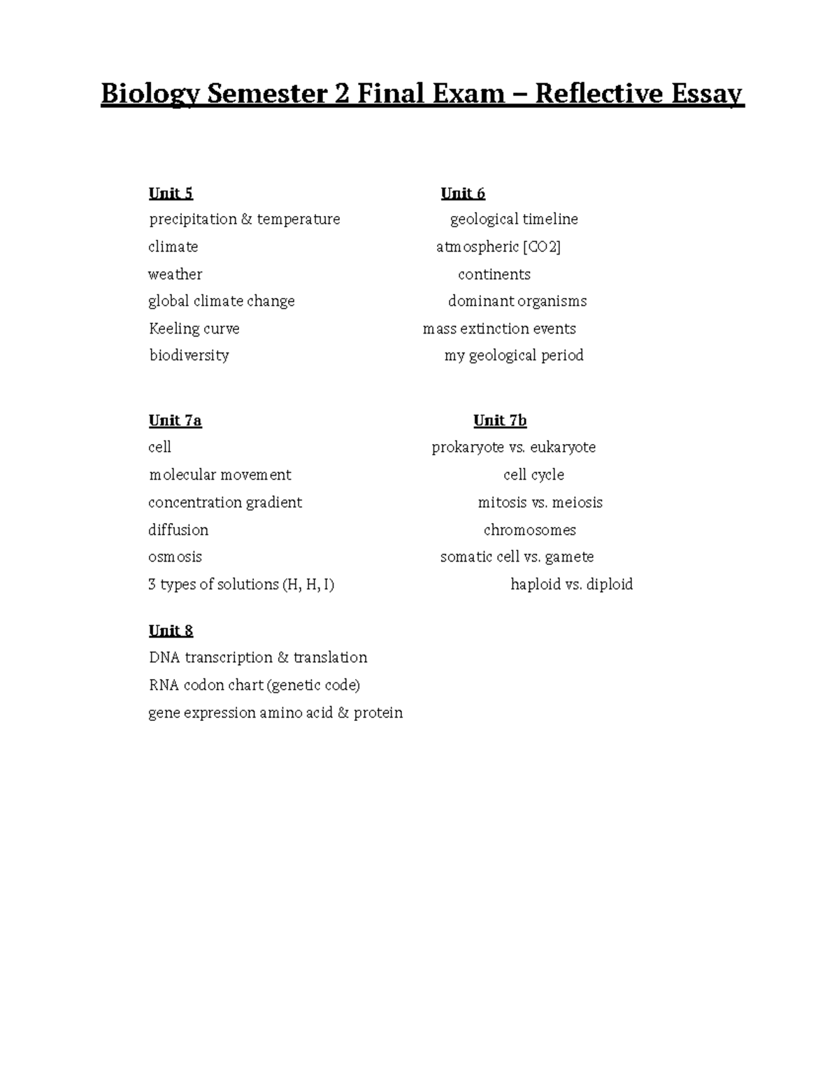 Sem 2 Final Exam Essay Per 3 - Biology Semester 2 Final Exam ...