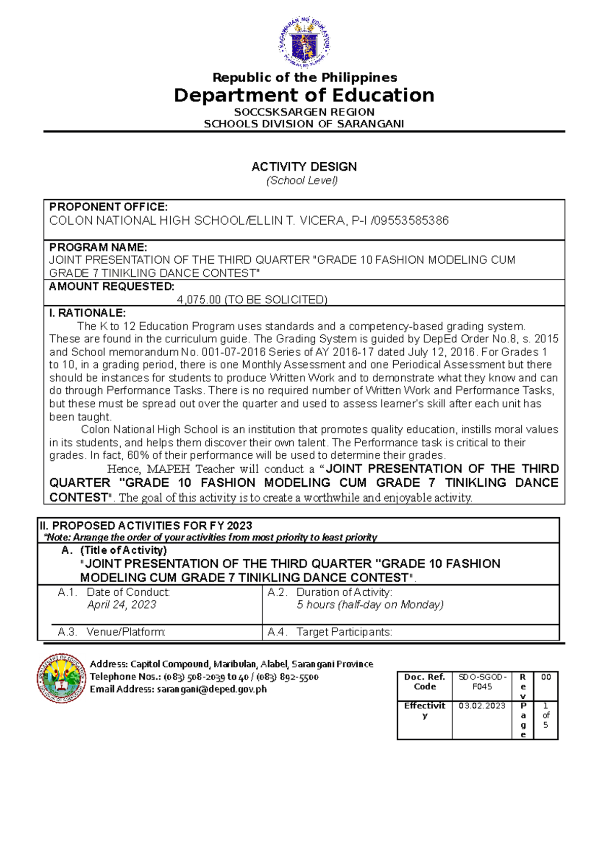 Activity Design of MAPEH Third Quarter Performance 2022-2023 - Republic ...