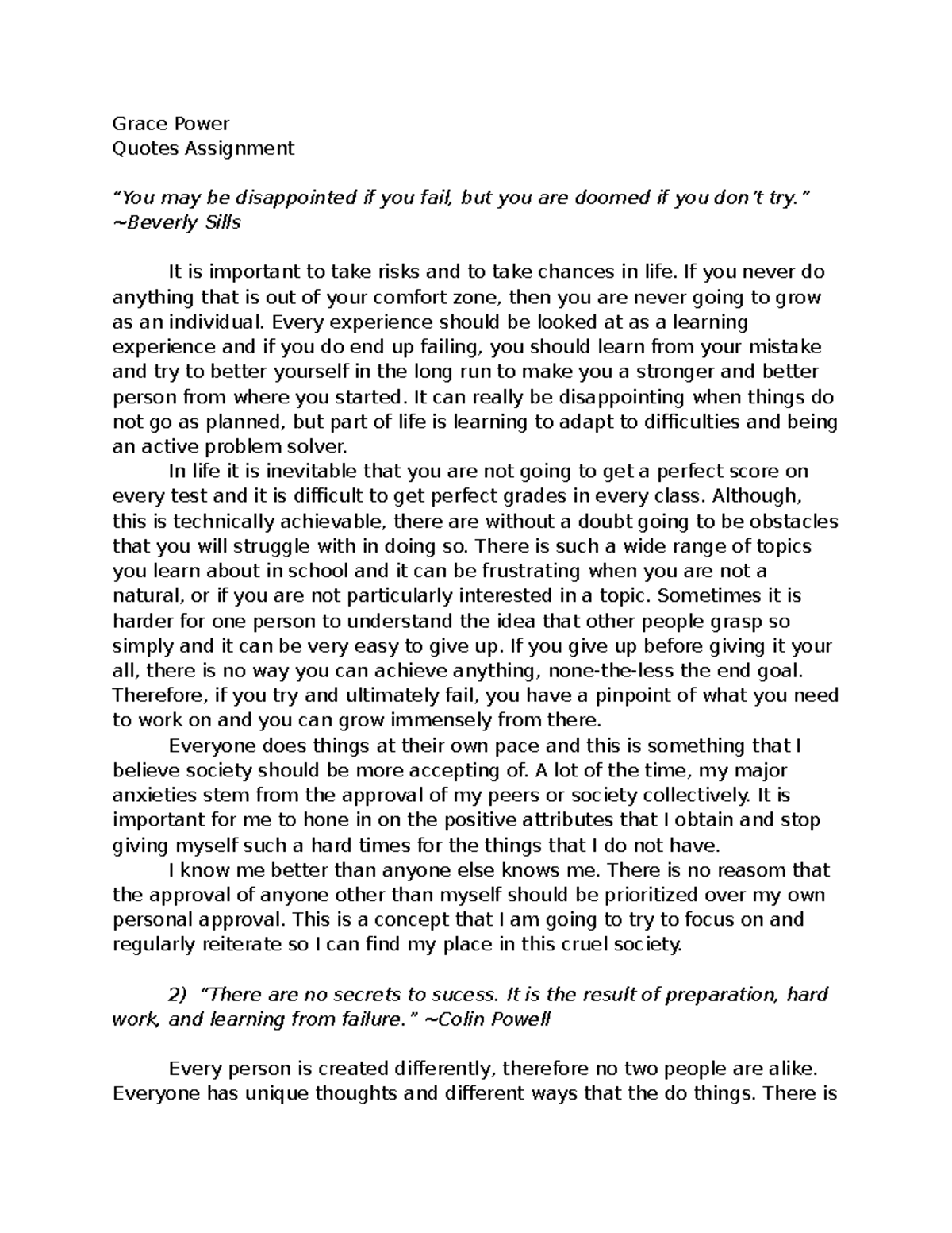 Quotes Assignment - Grace Power Quotes Assignment “You may be ...