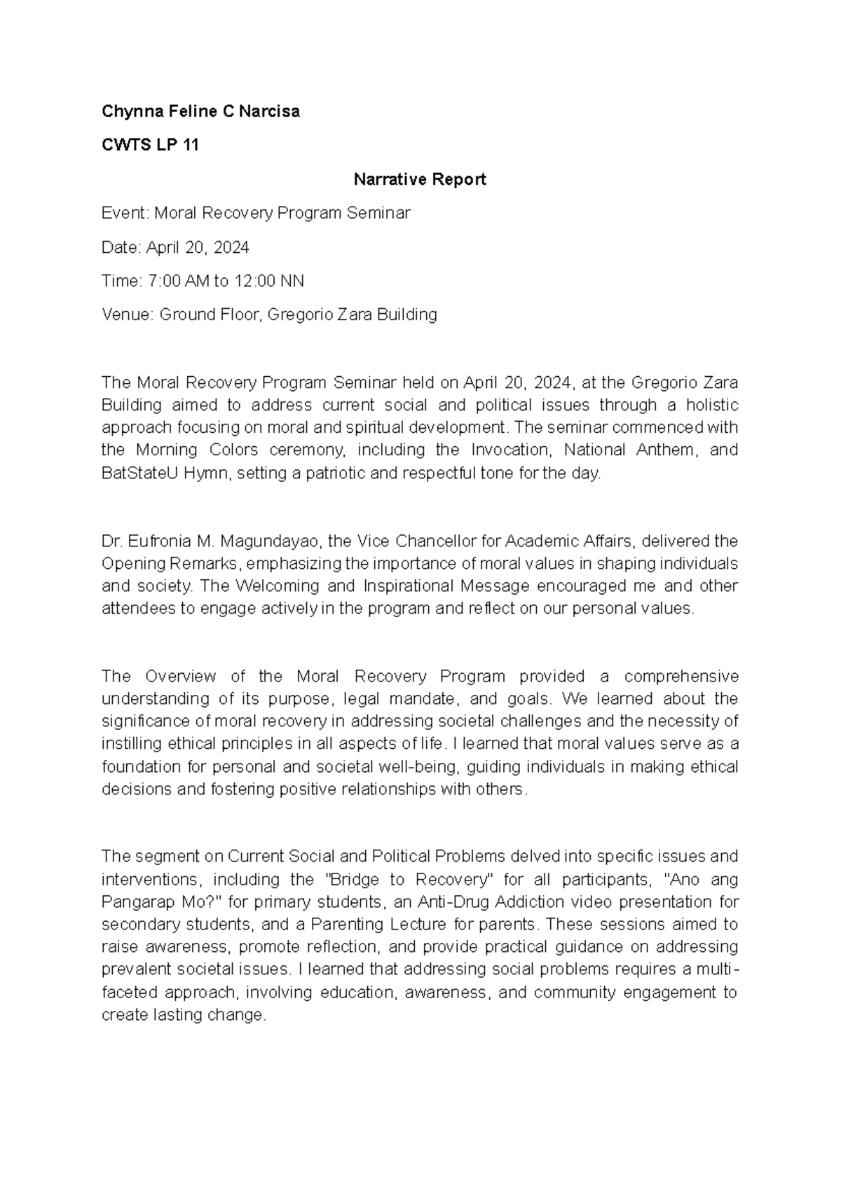 Document-25 - Documents - Chynna Feline C Narcisa CWTS LP 11 Narrative ...