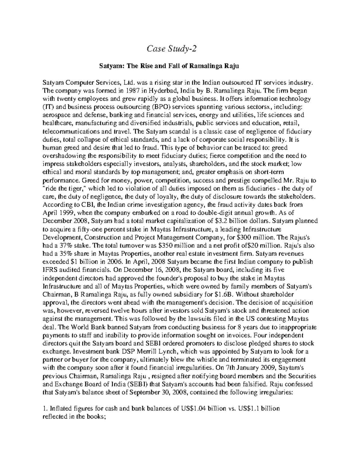 CSR Case Study - Lecture notes 11,12 - Case Study- 2 Satyam: The Rise ...