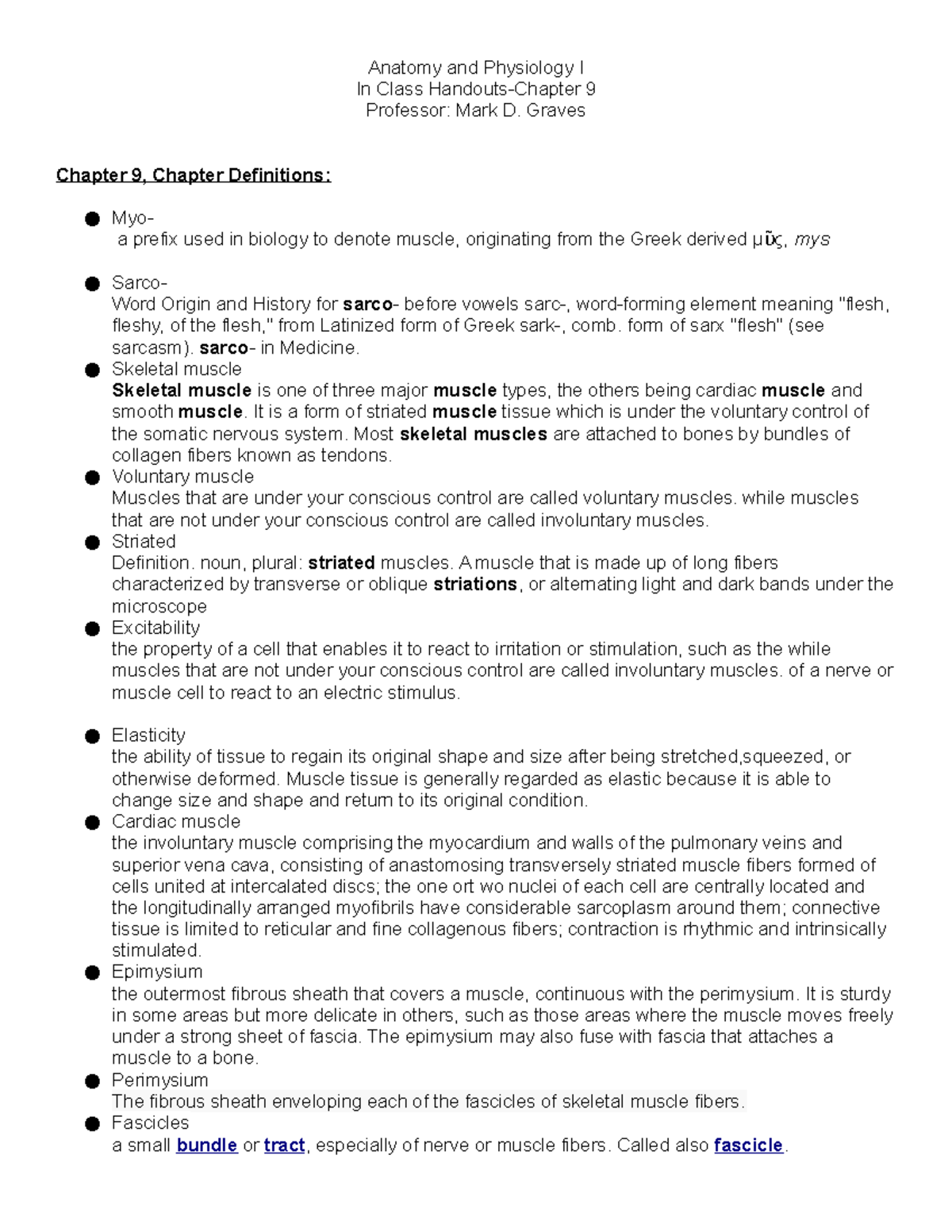 A&PI Ch 9 (Muscle tissue) Handout - Anatomy and Physiology I In Class 9 ...