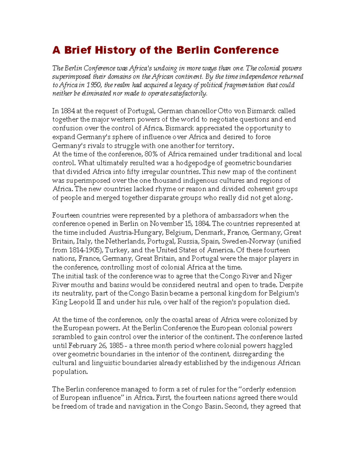 The scramble for africa - A Brief History of the Berlin Conference The ...