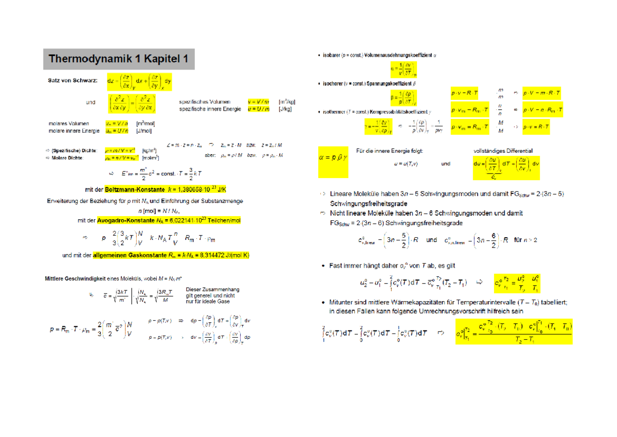 Thermodynamik 1 Formelsammlung WS18/19 - Studocu
