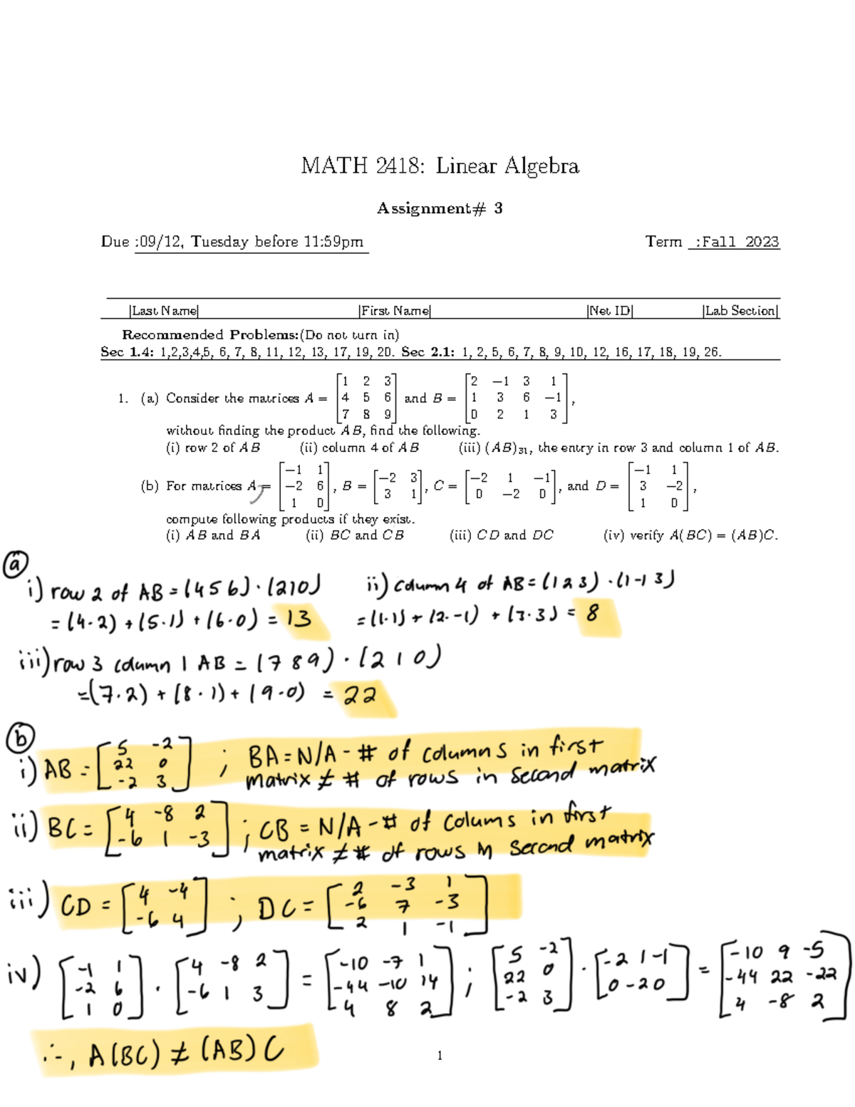 HW3 - Homework Answers - MATH 2418: Linear Algebra Assignment# 3 Due ...