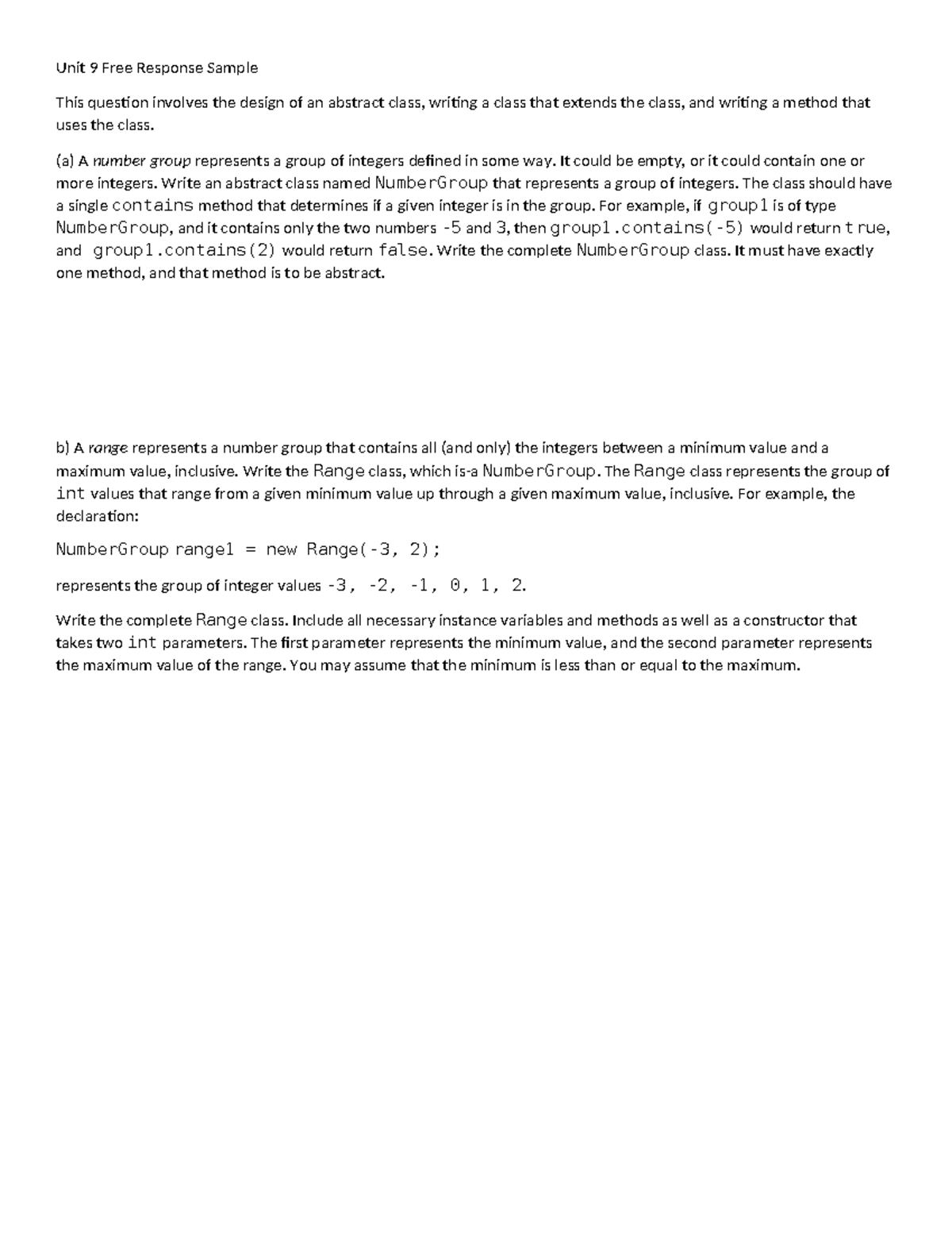 Unit 9 Free Response Sample - Unit 9 Free Response Sample This question ...