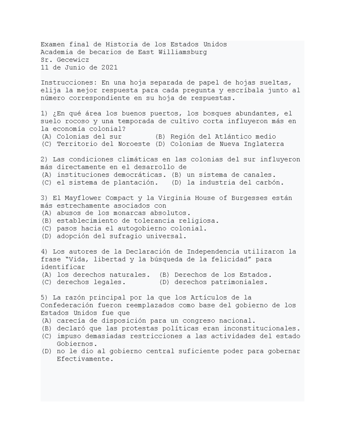 - U.S. History 2 Final Exam(Spanish Version) - Examen final de Historia ...