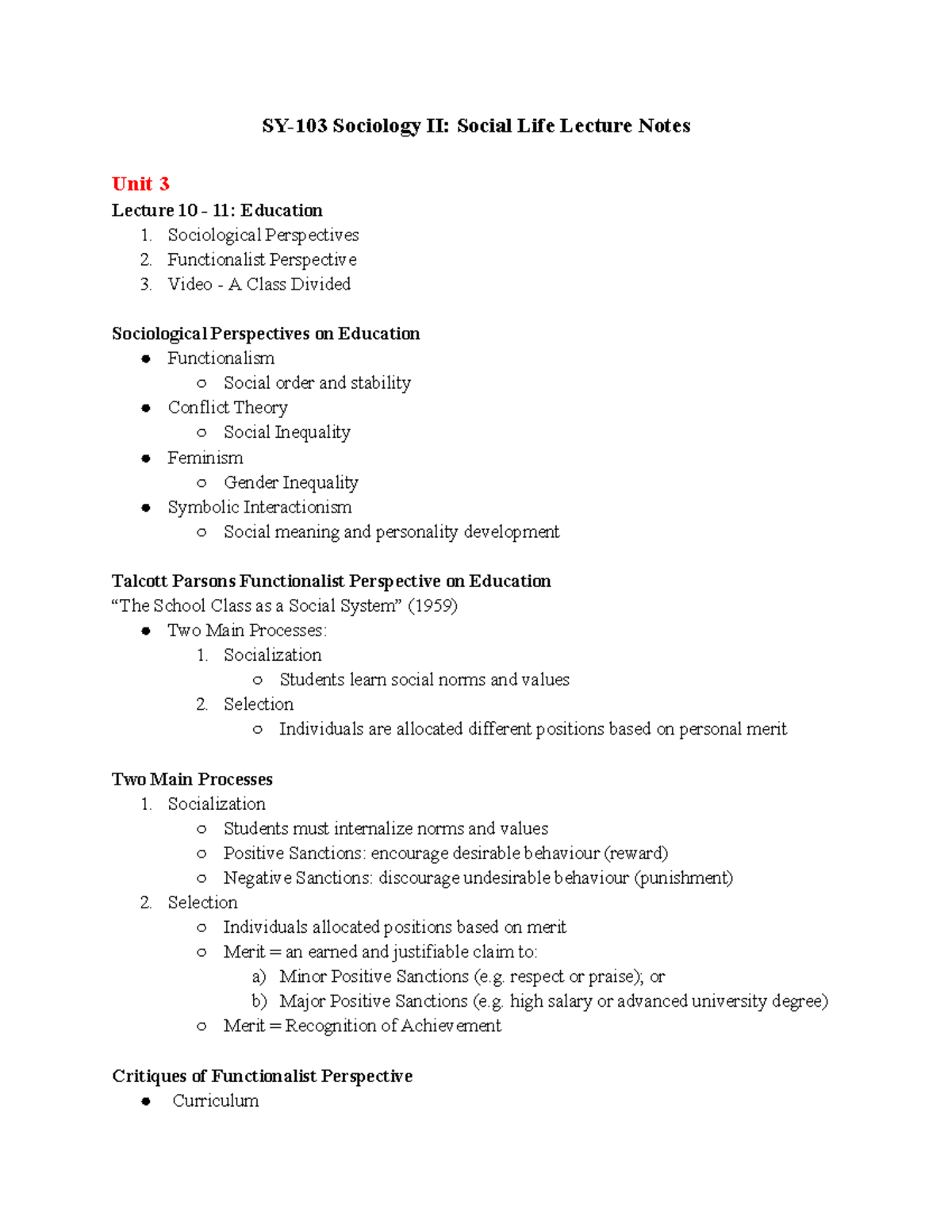 SY-103 Sociology II Social Life Lecture Notes Unit 3 - Sociological ...