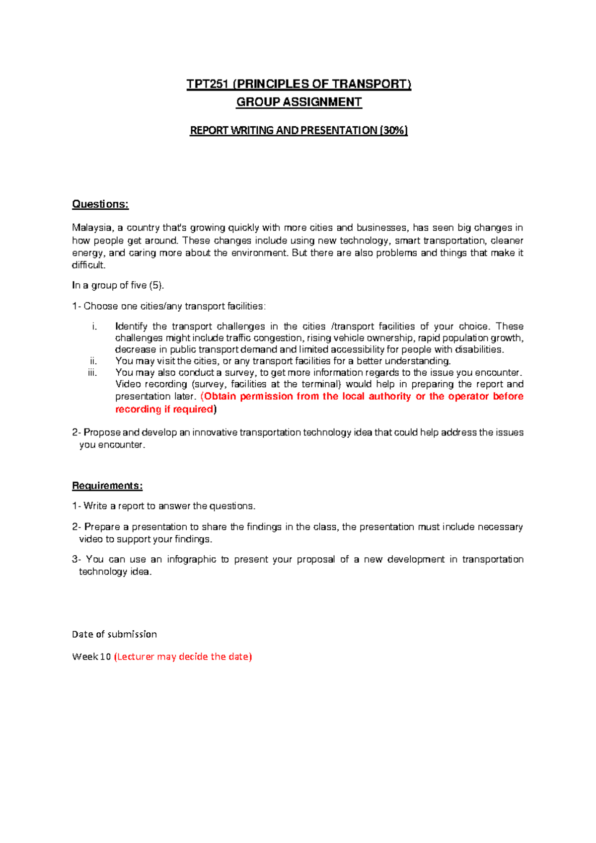Group Assignment TPT251 - TPT251 (PRINCIPLES OF TRANSPORT) GROUP ...