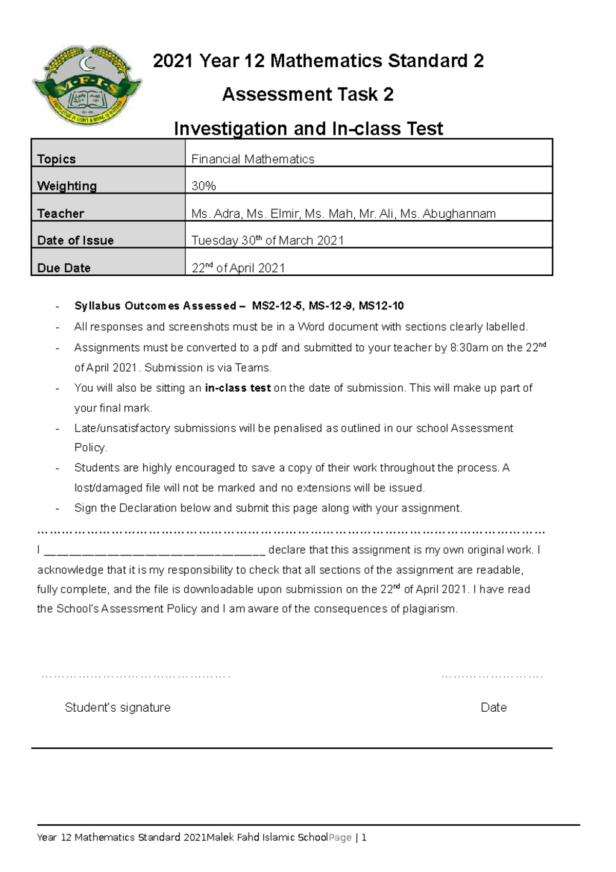 Year 12 Standard Assessment Task 2 - 2021 Year 12 Mathematics Standard ...